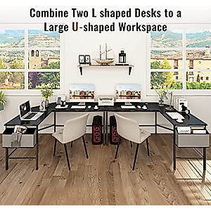 DKLGG L Shaped Computer Desk, 49" Gaming Desk Home Office Corner Desks Large Work Study Desk with Storage Bag & Hooks, L Desk Workstation Space-Saving Table for Home Office, Black