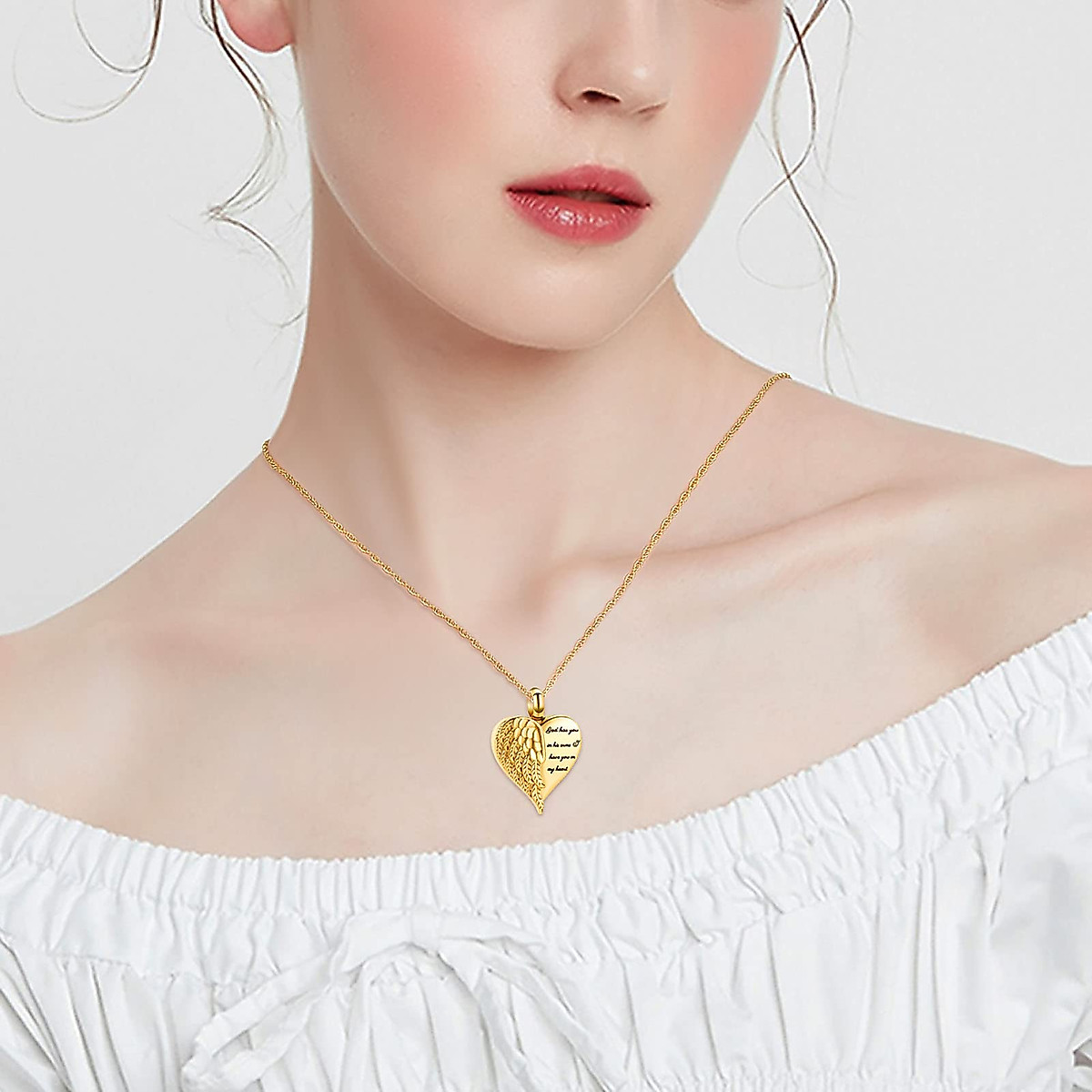 shajwo Cremation Jewelry Angel Wing Heart Urn Necklaces for Ashes Memorial Keepsake Pendant for Women Men,Gold