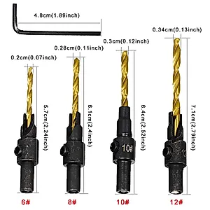 SaferCCTV 4Pcs Countersink Drill Bit Set, 8pcs Wood Plug Cutter Drill Bit Set for Tapered 5/8" 1/2" 3/8" 1/4" Woodworking Cork Drill Bit Knife