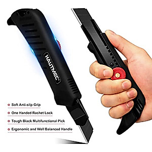 HAUTMEC 18mm Heavy Duty Utility Knife with Multi-Pick, Snap Off Ultra-Sharp Black Retractable Box Cutter, Ratchet & Soft-grip Cutter HT0248-KN
