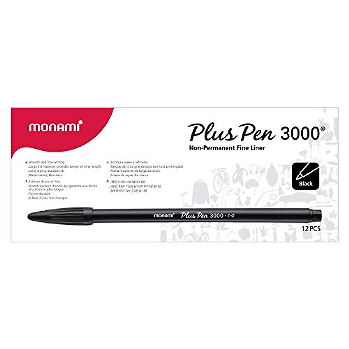 MONAMI Plus Pen 3000 Felt Tip Pens, Fine Point (0.4mm), Fine Liner, Writing/Journaling/Note Taking at home, school and office, Black, 12-Count