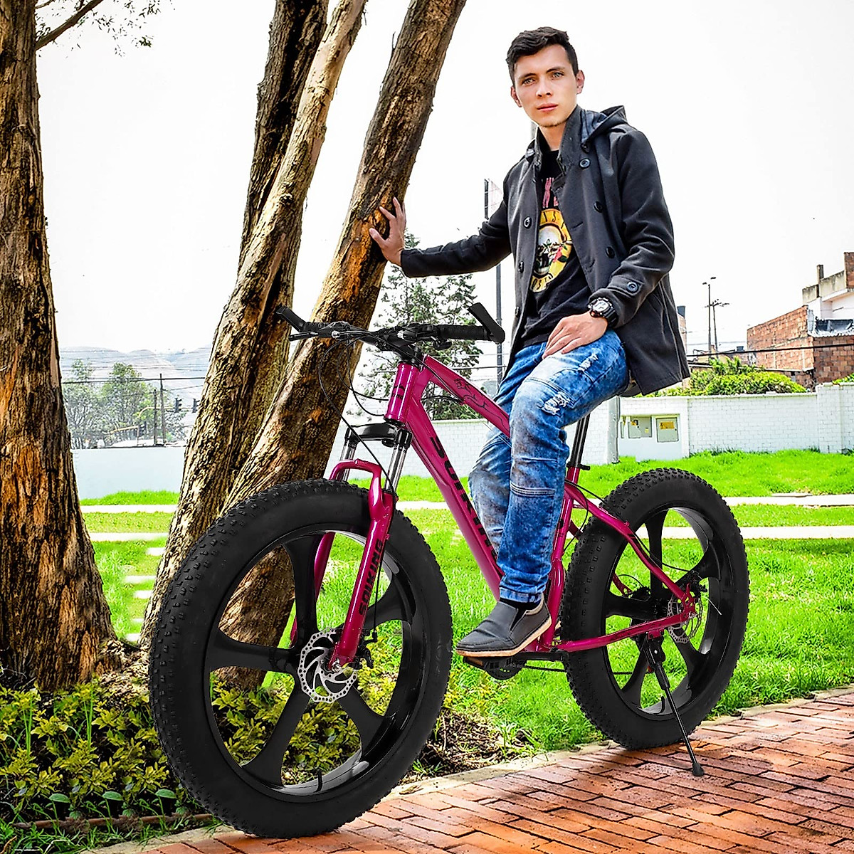 Fat Tire Mountain Bike, 26'' 21 Speed Outdoor Snow Beach Hybrid MTB Racing Bikes for Adult Women Men, Comfort Complete Cruiser Bicycle, Lightweight City Commuter Road Cycling, Dual Disc Brakes (O)