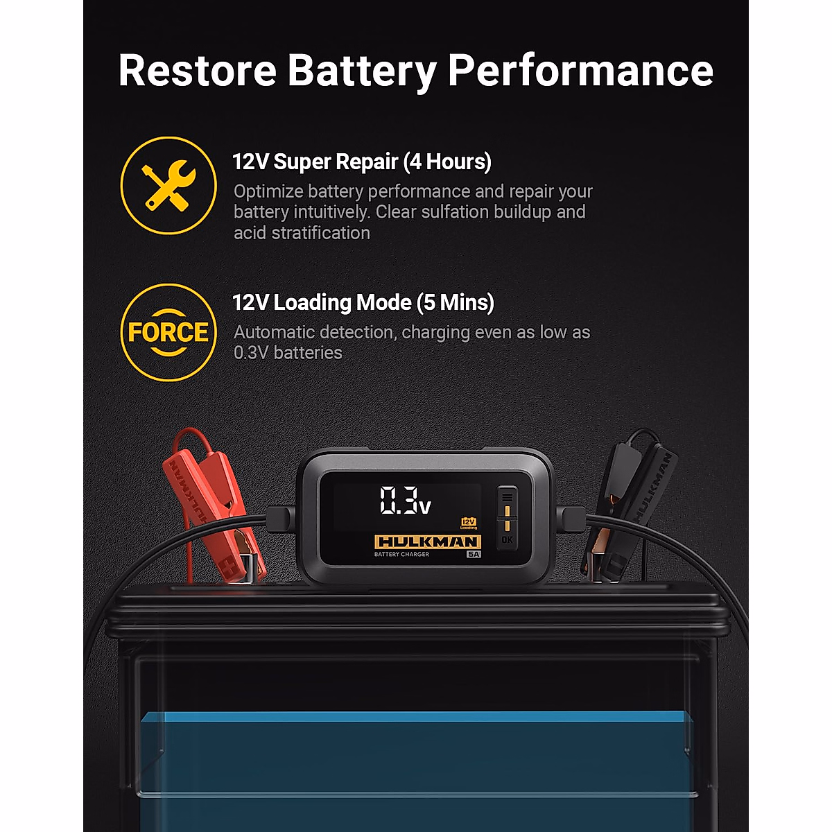 Hulkman Sigma 5 Float Battery Trickle Charger, 5A 6V/12V Smart Car Battery Charger with LED Screen, Automatic Maintainer and Desulfator for Car, Motorcycle, ATV, Lithium, and Deep Cycle Batteries