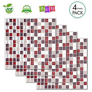 FARONZE Kitchen Mosaic Wall Tiles Peel and Stick Self-Adhesive DIY Backsplash Stick-on Vinyl Wall Tiles for Kitchen and Bathroom 12" X 12" Each, 4 Sheets Pack (Burgundy)