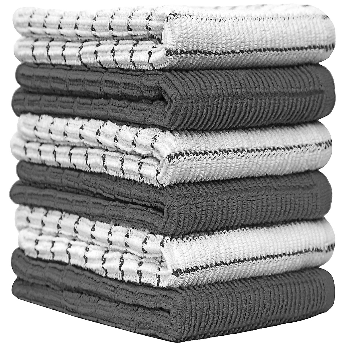 Pack of 6 Premium Bright Kitchen Towels Set - Striped Chef Weave Kitchen Hand Towels - Large, 380 GSM, Extra Absorbent - Dish Towels for Drying Dishes - Cotton Tea Towels - Kitchen Hand Towels - Grey