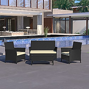 IDS Online MLM-17240 1 Loveseat 2 Single Chairs Cushion, Leisure Glass Top Coffee Table for Garden Lawn Poolside Backyard 4 Piece Rattan Pattio Outdoor Furniture Wicker Conversation Set, Black-White