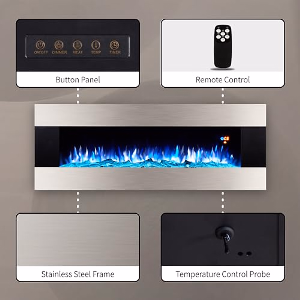 AMERLIFE 50" Wall Mount Electric Fireplace with Remote Control, Floating Fireplace Heater with Adjustable Flame Colors & Heater, Top-Vent, Low Noise, 750W/1500W, Stainless Steel Frame, Black