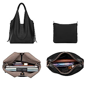 Women genuine leather hobo handbag: large capacity shopping bag tote shoulder purse black