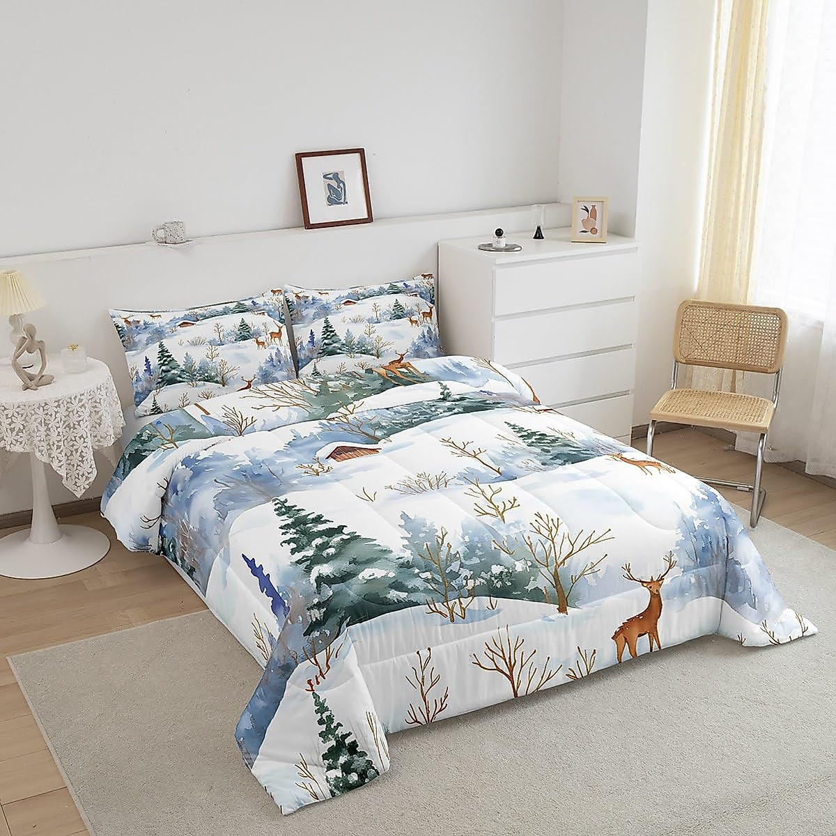 Homewish Winter Deer Comforter Set Queen Size,Christmas Snow Pine Quilt Set 3pcs,Kids Boys Girls Adults Room Decor,Wild Animals Plants Bedding Set New Year Gifts Duvet Insert,2 Pillowcases