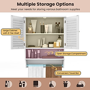 Tangkula Wall Mounted Bathroom Cabinet with Open Shelf & Bar, Medicine Cabinet with Double Louvered Doors, Wall Storage Cabinet with Adjustable Shelf, for Bathroom Living Room Kitchen (White)