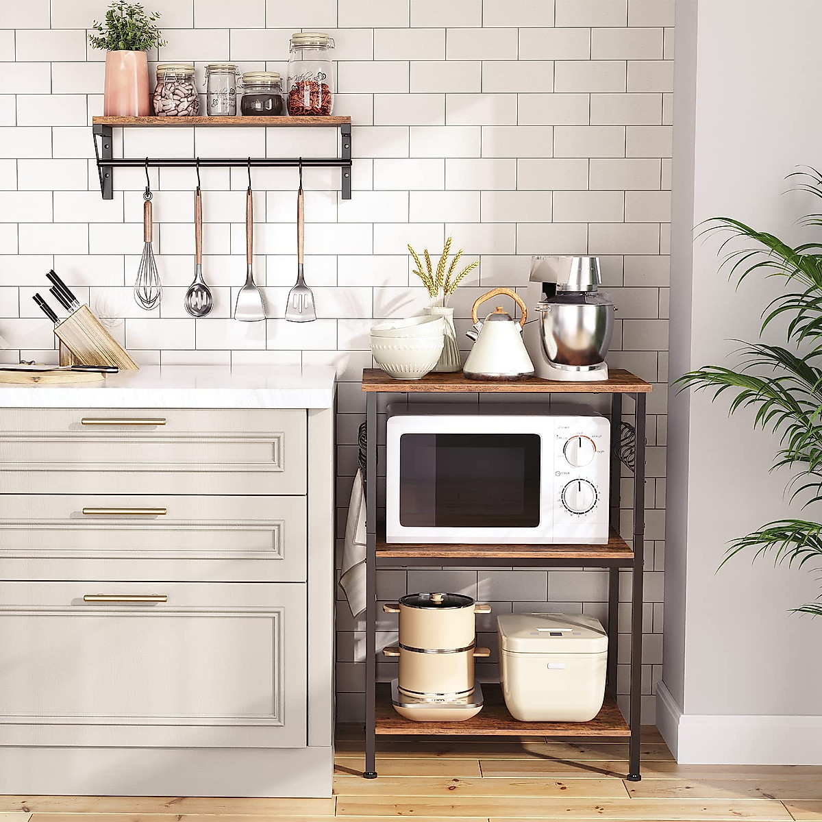 HOOBRO Bakers Rack with Floating Shelf, Microwave Stand with Shelves, Versatile Coffee Bar with 12 Hooks, for Kitchen, Entryway, Living Room, Dining Room, Office, Rustic Brown BF08HB01