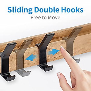 HANLIAN Coat Rack Wall Mount with Shelf, Hook Rail with 5 Sliding Double Hooks, Wood & Aluminum Entryway Coat Hooks Wall Mounted, Coat Hook Rail for Coat Hat Towel Robes (1 Pack, Black)