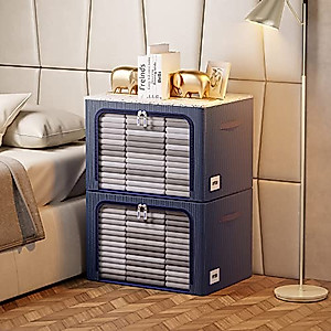 2 Pack Foldable Storage Box Oxford Fabric Clothes Container Organizer with Handle and Large Clear Window Stackable Large Capacity Storage Bins Boxes for Toys , Bedding , Books (100L, Blue)