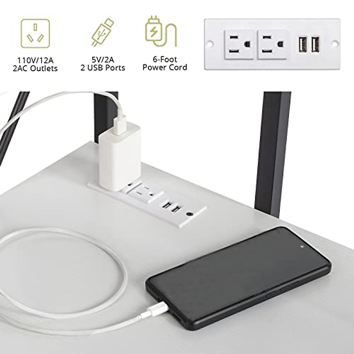 Karl home Computer Desk with Power Outlet & Storage Shelves 47" Home Office Workstation Study Writing Table with Charging Station & Hooks for Home, Studio, Office, Apartment, White