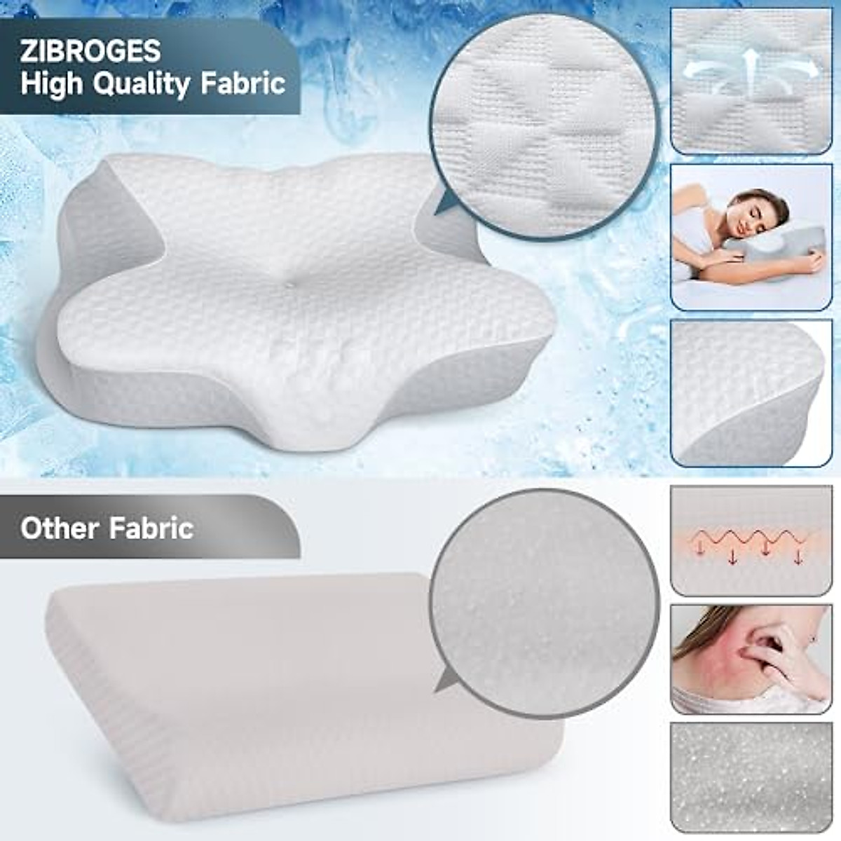 zibroges Cervical Pillow, Memory Foam Pillow for Neck Head Shoulder Pain Relief Sleeping Supports Your Head, Cooling Ergonomic Orthopedic Contoured Neck Bed Pillow for Side, Back,Stomach Sleepers