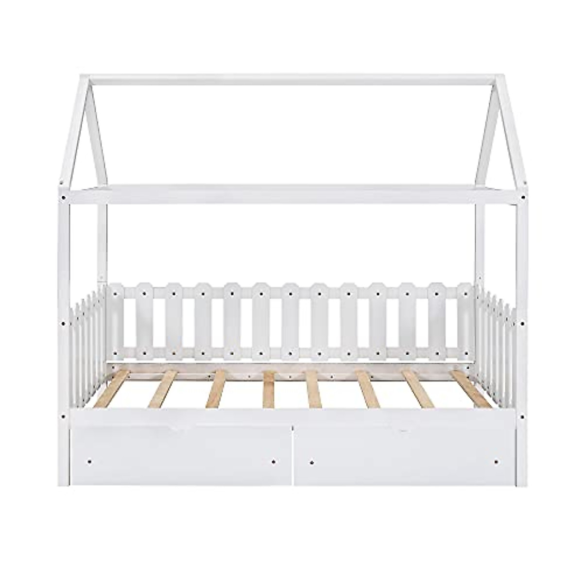 TARTOP Daybed with Drawers, Wood House Bed Tent Bed Twin Size with Drawers and Fence-Shaped Guardrail, for Toddlers/Teens/Girls/Boys, Kids House Bed Frame,White