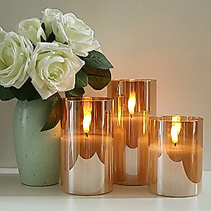 GenSwin Flameless Led Candles Flickering Battery Operated with Remote, Real Wax 3D Wick Moving Pillar Candles with Timer Remote Glass Effect for Festival Wedding Christmas Home Decor(Gold)