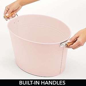 mDesign Large Metal Beverage Tub Oval Cooler for Beer, Wine, Ice, and Drinks - Portable 4.75 Gallon/18 Liter Cold Drink Trough for Parties - Steel Bin Bucket Stand with Bamboo Handles, Light Pink
