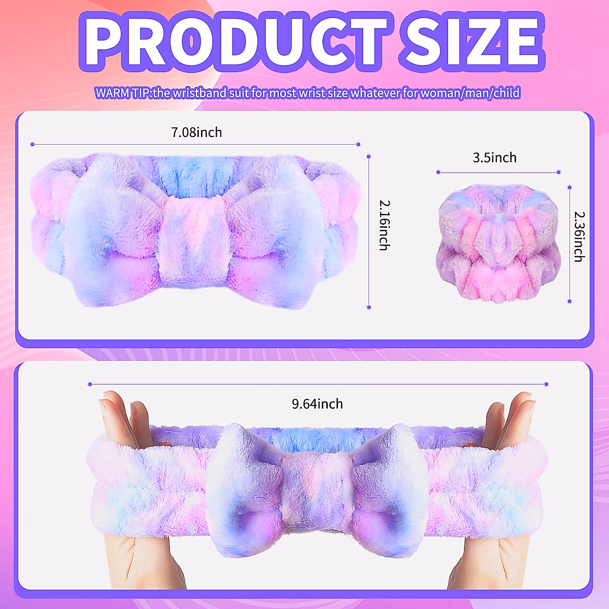 WSYUB Spa Headband and Matching Wrist Bands for Washing Face, Fuzzy Skincare Bow Headbands, Soft Facial Makeup Head Bands, Shower Hair Sleepover Party Supplies