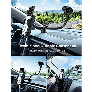 Car Phone Mount - Upgraded Windshield Dashboard Car Phone Holder with Long Gooseneck Phone Holder for Car Windshield, Compatible with iPhone 13 12 Pro Max 11, Galaxy Note 22 S21 S20 and More
