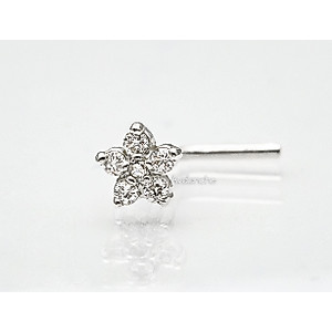 20G 14K White Gold Diamond L-shape Nose Stud - Flower Setting nose Ring - April Birthstone - FLWD-LSWG