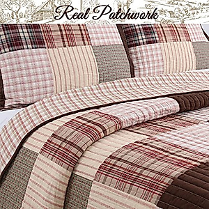 Cozy Line Home Fashions Brody Farmhouse Chocolate Plaid Striped Real Patchwork Reversible Quilt Bedding Set, Coverlet Bedspread (Brown Grid, King - 3 Piece)