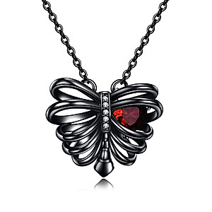 URONE Sterling Silver Rib Necklace Black Pendant with Red Heart Zircon Gothic Skull Jewelry Valentine's Day Birthday Gifts for Women