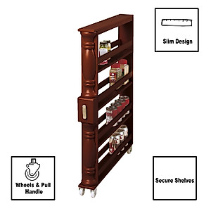 The Lakeside Collection Slim 4 Tier Walnut Wooden Storage Rack Cart on Wheels for Small Spaces, Kitchen, Bathroom Laundry Room Organization