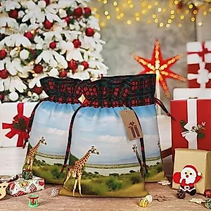 Christmas Gift Bags with Drawstring Burlap Gift Bags African Landscape Christmas Linen Bags for Xmas Party Candy Bags with Cards Xmas Reusable Wrapping Bags Christmas Linen Treat Bags for Holiday