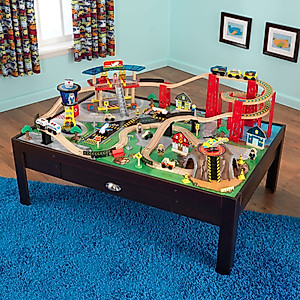 KidKraft Multi-Level Airport Express Espresso Train Set & Table, Multi-Colored Toy, Planes, Trains, Cars, Helicopters, Multiple Kids Play, Gift for Ages 3-8 46.25 x 32.5 x 15.5