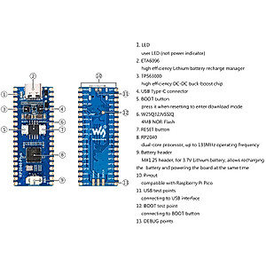 waveshare RP2040-Plus Board (Without Header), Pico-Like MCU Board Based on Raspberry Pi RP2040, Dual-Core Arm Cortex M0+ Processor Onboard 4MB Flash,USB-C Connector, Recharge Header,etc