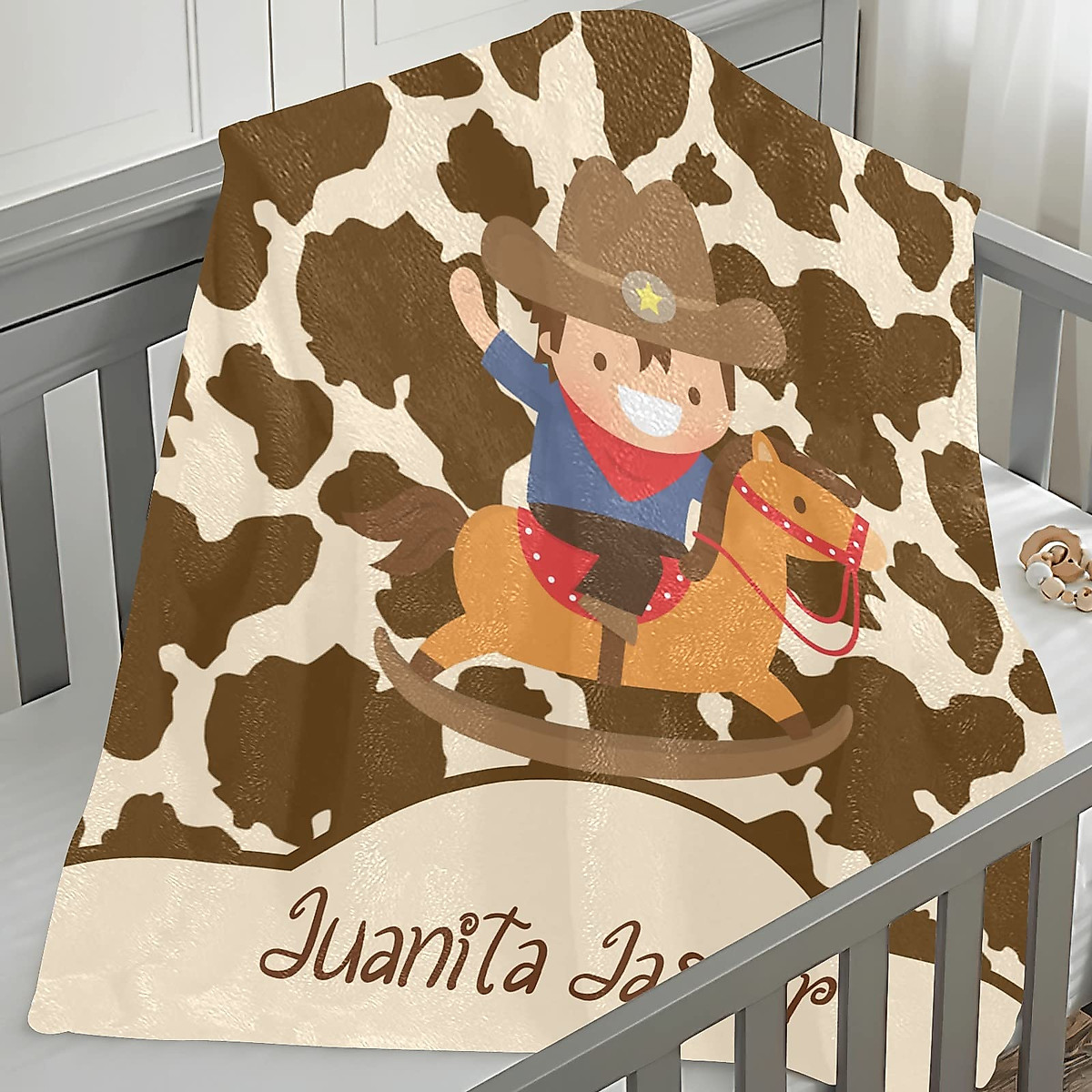 Cute Cowboy Horse Brown Cow Personalized Baby Swaddle Blanket Super Soft for Boy & Girl,Custom Your Baby Name Birthday Kids(30x40 Inches)