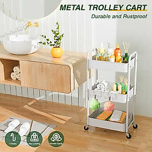 LEHOM 3 Tier Rolling Utility Cart, Metal Trolley Cart with Wheels, Hooks, Easy Assembly Organizer Storage Cart for Bathroom, Kitchen, Office, Bedroom(White)