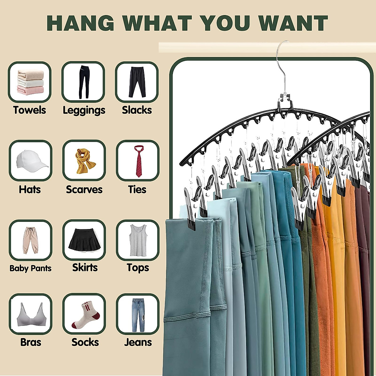 Aastin Leggings Organizer for Closet Hanging, 2 Pack Stainless Steel Pants Hangers with15 Non-Slip Clips Holds 30 Skirts, Shorts, Jeans, Space Saving Closet Organizers and Storage