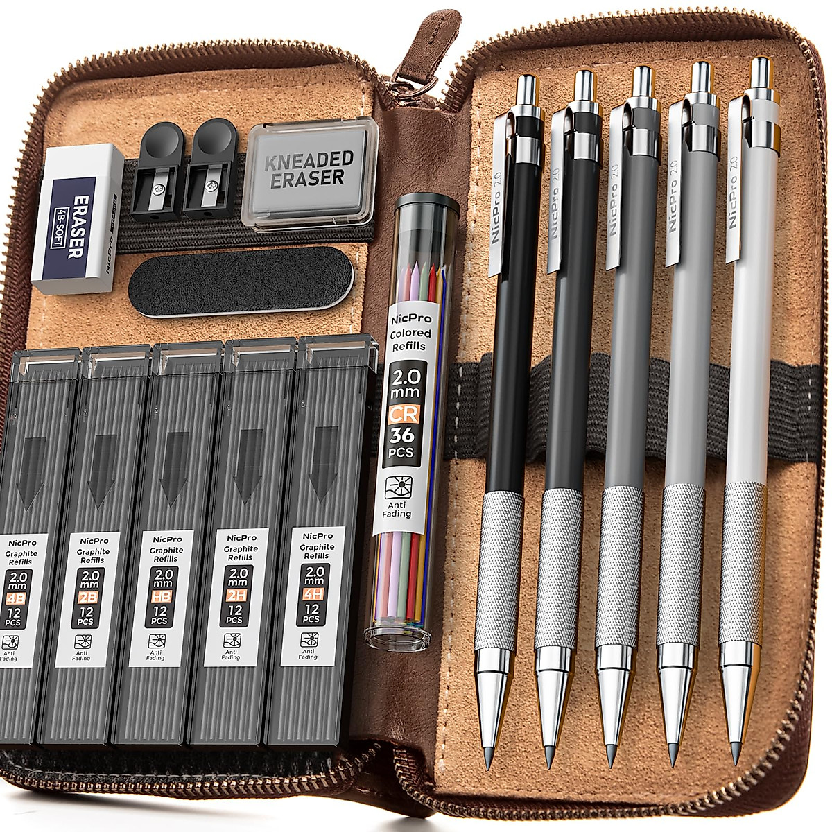 Nicpro 17PCS Metal 2mm Mechanical Pencil Set in Leather Case, 2.0 mm Lead Pencil Holders (4B 2B HB 2H 4H) 6 Tube Black Lead Refills & Colored Lead, Erasers,Sharpener For Art Drafting Sketching Drawing