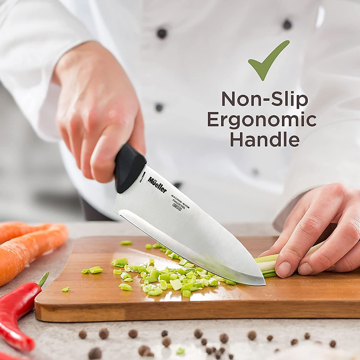 Mueller Professional Chef Knife, 8" Sharp Stainless Steel Kitchen Knife with Ergonomic Handle, Chopping Knife for Meat, Vegetables