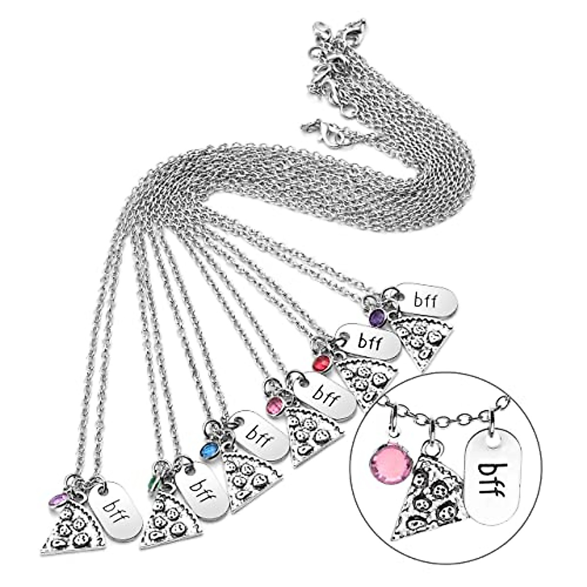 Top Plaza Womens Silver Tone Rhinestone Best Friends Forever BFF Necklace Engraved Pizza Pendant Necklaces 21 Inches - Set of 6