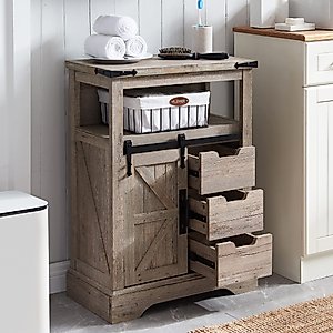 OKD Bathroom Floor Cabinet, Farmhouse Storage Cabinet with Sliding Barn Door & Storage Drawers, Small Storage Cabinet for Bathroom, Kitchen, Living Room, Light Rustic Oak