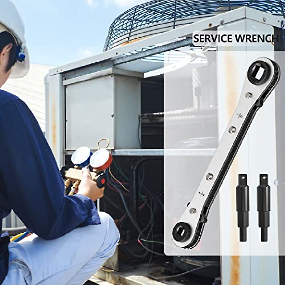 Mellbree HVAC Service Wrench, 3/8” 1/4” 5/16'' 3/16'' Refrigeration AC Ratcheting Wratchet Wrench Tool with Hex Bit Adapter for HVAC Tech, Gas Furnace, Air Conditioning, Refrigeration Equipment