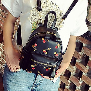 CLARA Girls Mini Embroidery Cherry Backpack PU Leather Small Purse Satchel Top-Handle Shoulder Bag Black