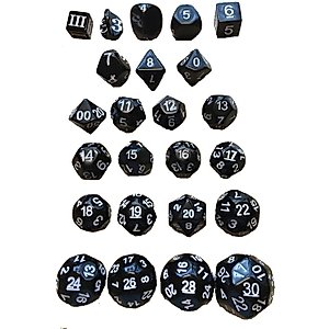Black - 24 Unusual Dice Set - D3s, D4, D5, D6, D7, D8, D10, D, D11, D12, D13, D14, D15, D16, D17, D18, D19, D20, D22, D24, D26, D28 & D30