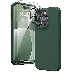 GONEZ for iPhone 14 Pro Max Case Silicone, with 2X Screen Protector + 2X Camera Lens Protector, Full Body Protective Cover, Liquid Silicone Shockproof iPhone 14 ProMax Case 6.7", Dark Green