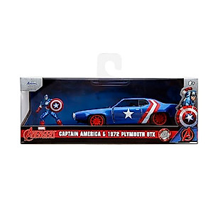 Jada 1972 Plymouth GTX Candy Blue with Red and White Stripes and Captain America Diecast Figure The Avengers Hollywood Rides Series 1/32 Diecast Model Car