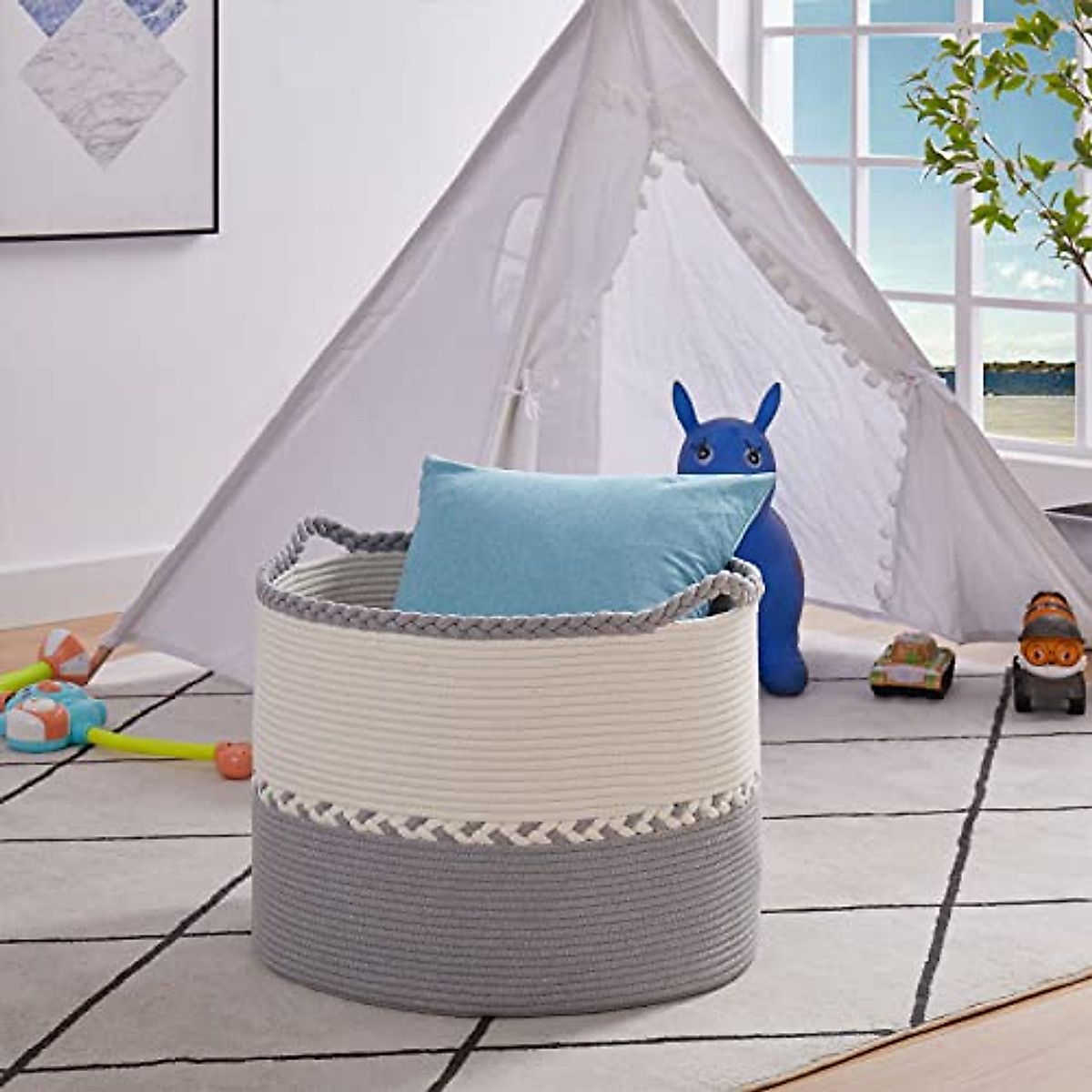 XXXL Large Cotton Rope Basket, 22"x22"x16" Woven Storage Basket with Handle, Blanket Basket Living Room Laundry Basket Hamper Baby Dog Toy Storage Comforter Cushions Thread Baskets for Organizing