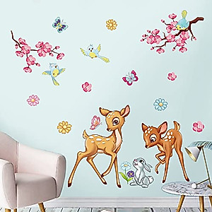 decalmile Woodland Animals Wall Stickers Deer Squirrel Birds Flowers Wall Decals Kids Room Baby Nursery Wall Decor