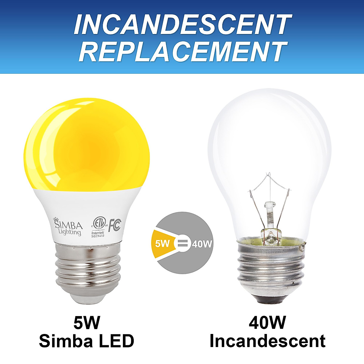 Simba Lighting LED Bug Non-Attracting Yellow Bulb 5W 40W Equivalent (4 Pack), Great for Outdoor Porch Light, Patio, Security, Night Light, Amber Warm Light, Compact A15 Shape E26 Medium Base