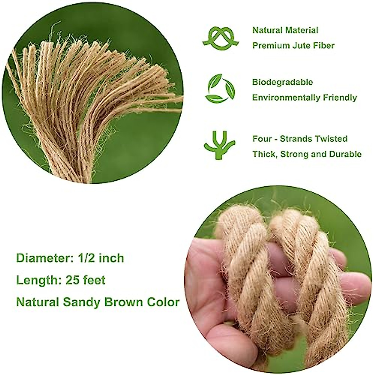 Natural Jute Rope - 1/2 Inch×25 Feet - Twisted Manila Rope - Thick Hemp Rope for Cat Scratching Posts, Hammock, Nautical, Home Decorating