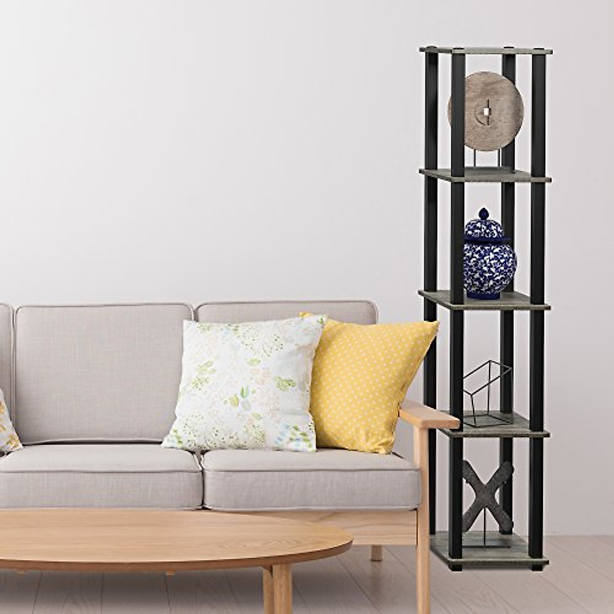 FURINNO Turn-S-Tube 5-Tier Corner Square Rack Display Shelf, French Oak Grey/Black