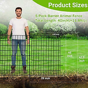 5 Panels No Dig Decorative Outdoor Garden Fence for Yard, 40 in(H) X 11.8 ft(L) Animal Barrier Fencing Rustproof Metal Wire Panel Border for Dog, Rabbits, and Patio Temporary Ground Stakes