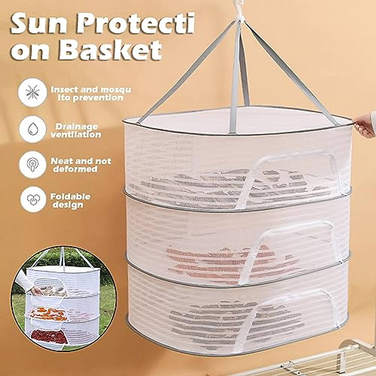 CurcKua Herb Drying Rack Herb Dryer Net 3 Layers Collapsible Mesh Hanging Clothes Drying Racks with Zip Windproof Hook 94x60x40cm Breathable Drying Rack